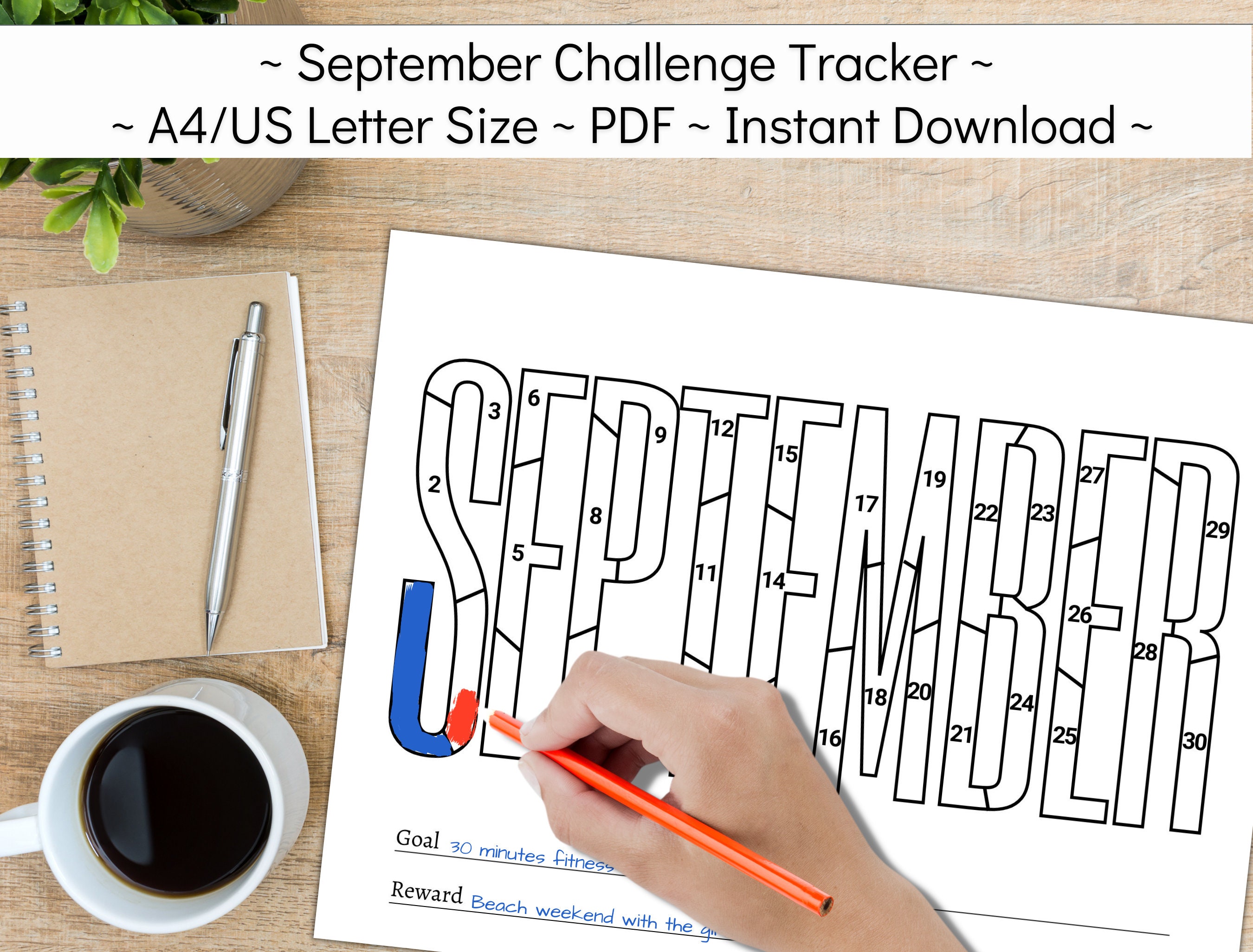 Printable September Challenge Tracker, 30 Day Goal Setting Coloring ...