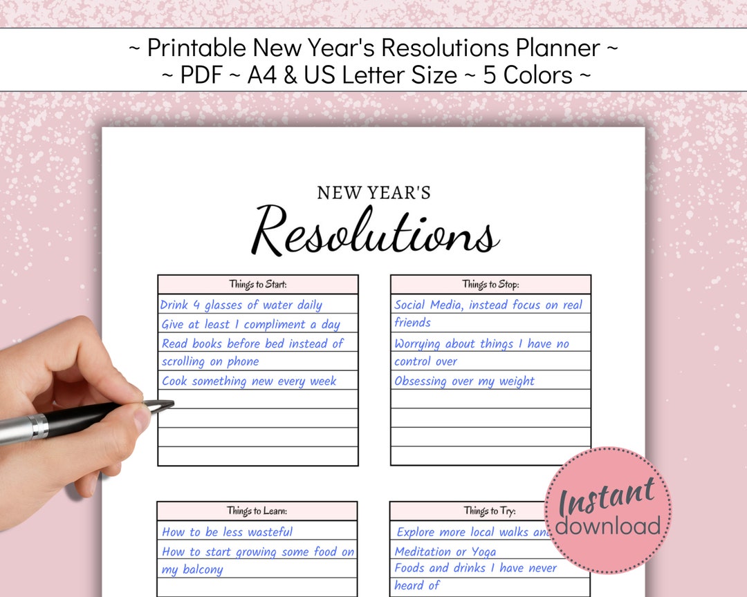 New Year's Resolutions Printable, Fresh Start Worksheet, NYE Goal ...
