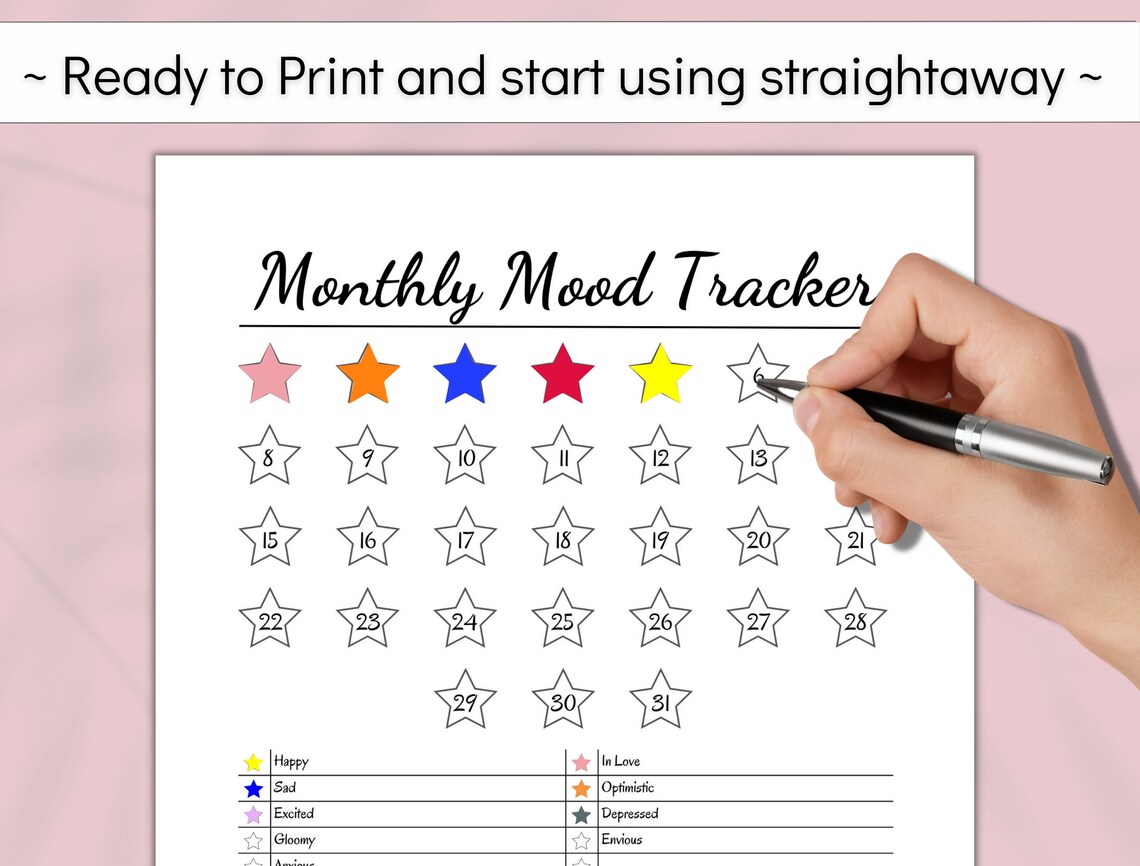 Monthly Mood Tracker Printable, Emotions Record, Wellness Journal, Self ...