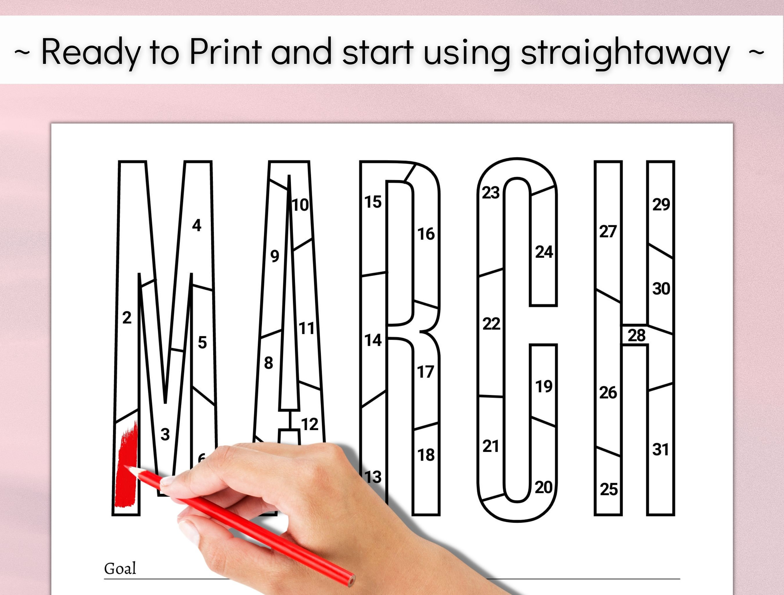 30 Day March Challenge Printable Habit Tracker Coloring Page, Goal ...