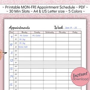 Printable Appointment Planner With 30 Minute Time Slots Monday to ...