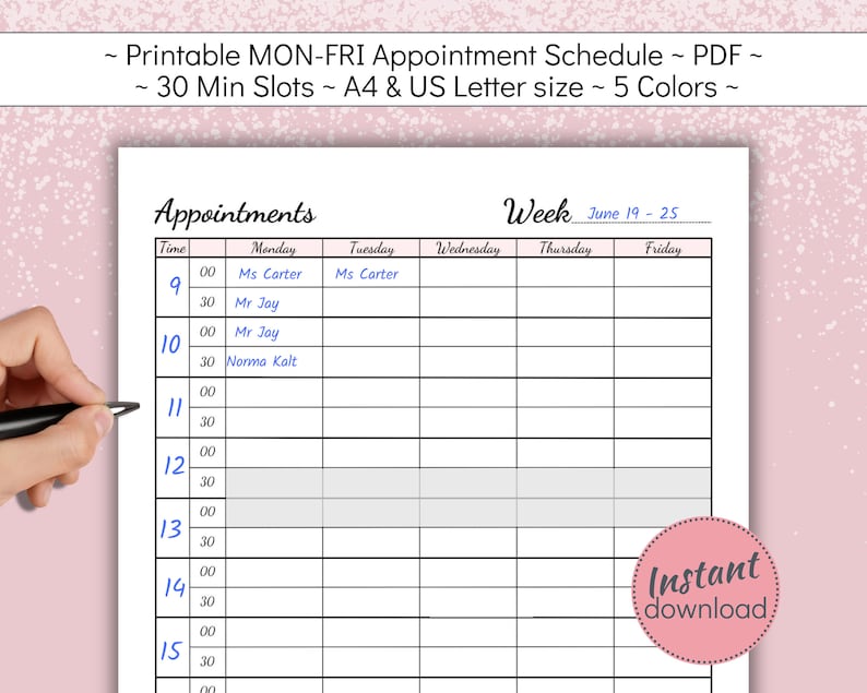 Printable Appointment Planner With 30 Minute Time Slots Monday to ...