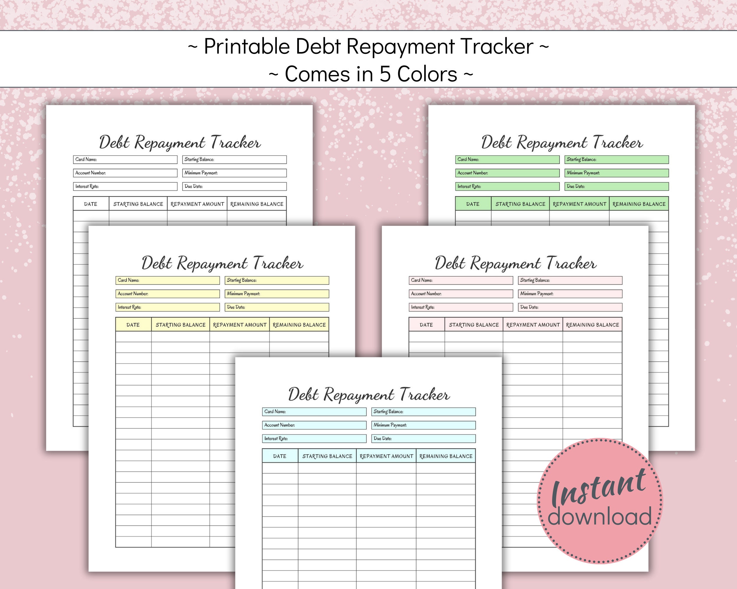 Printable Money Repayment Planner, Debt Payment Tracker in 5 Colors ...