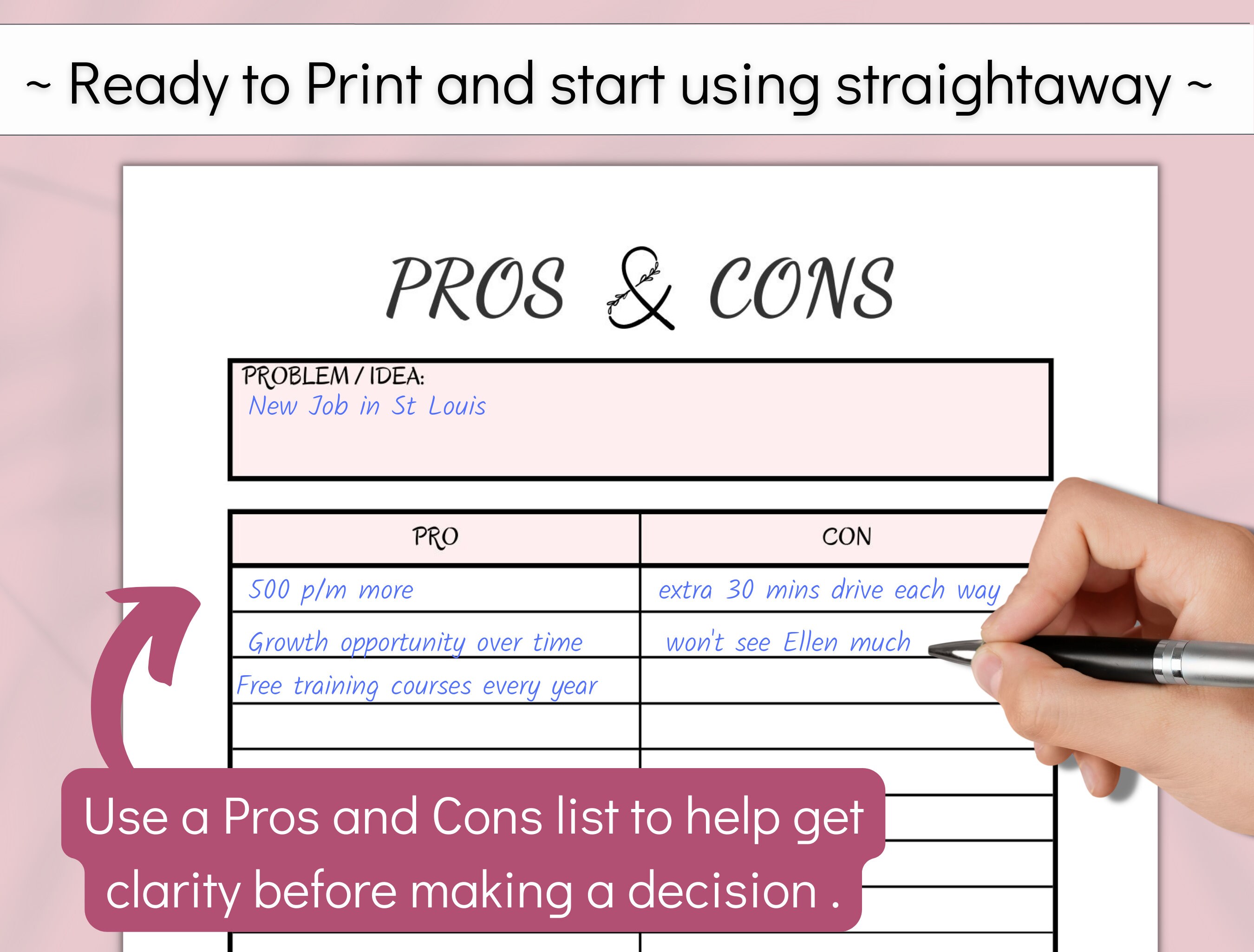Pros and Cons List Printable, Decision Making Tool, Life Organizer ...