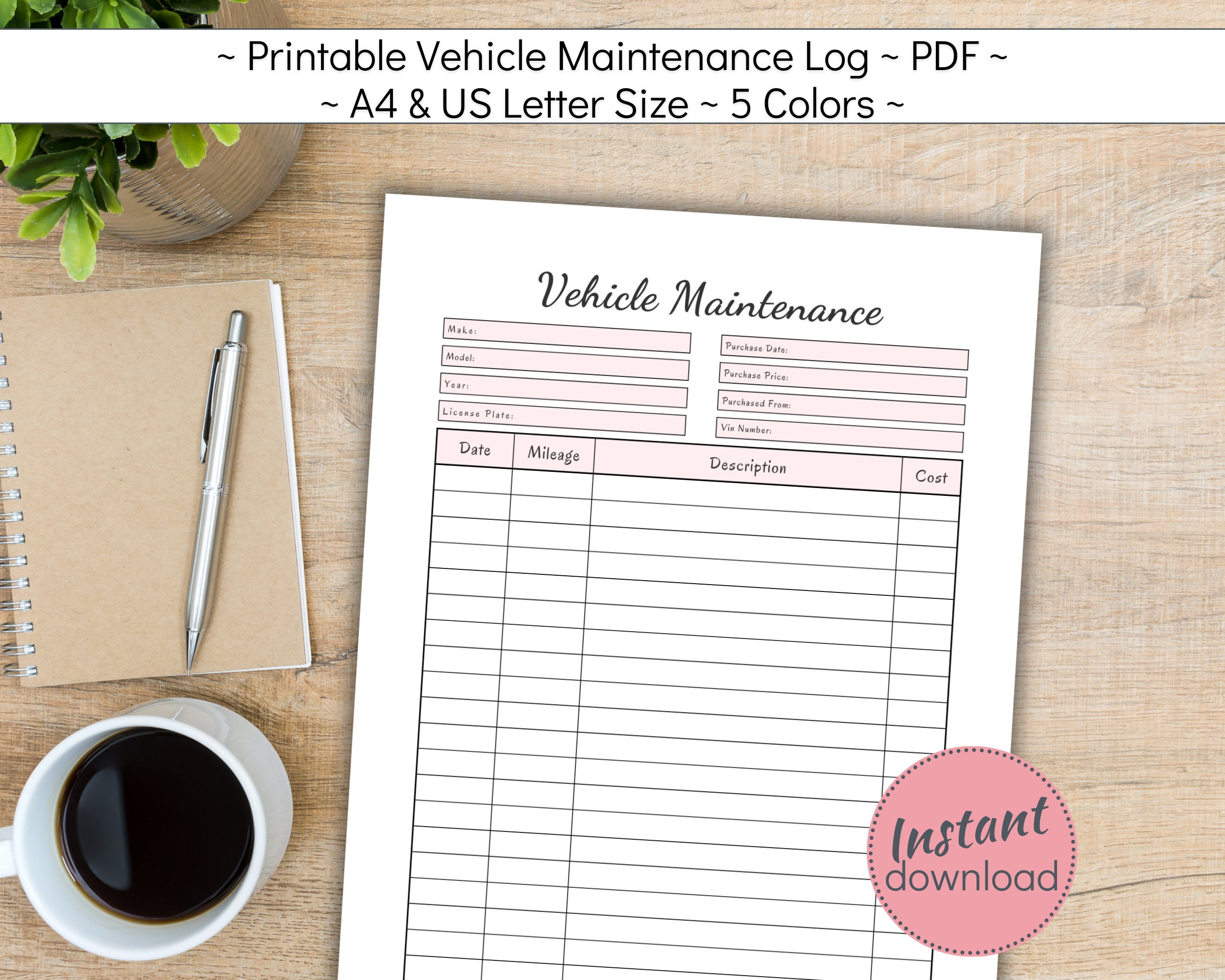 Printable Car Repairs Logbook, Vehicle Maintenance Log Book, Vehicle ...