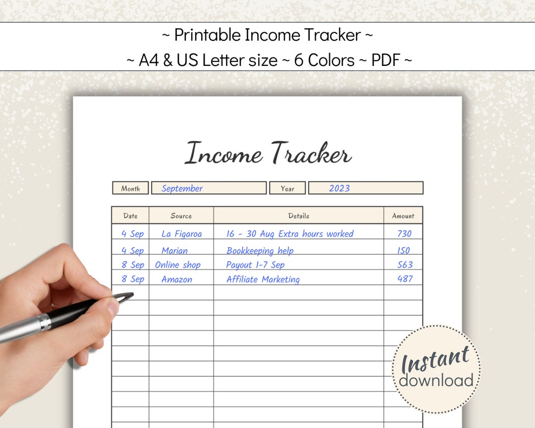 Printable Monthly Income Tracker, Financial Planner, Earnings Sheet ...