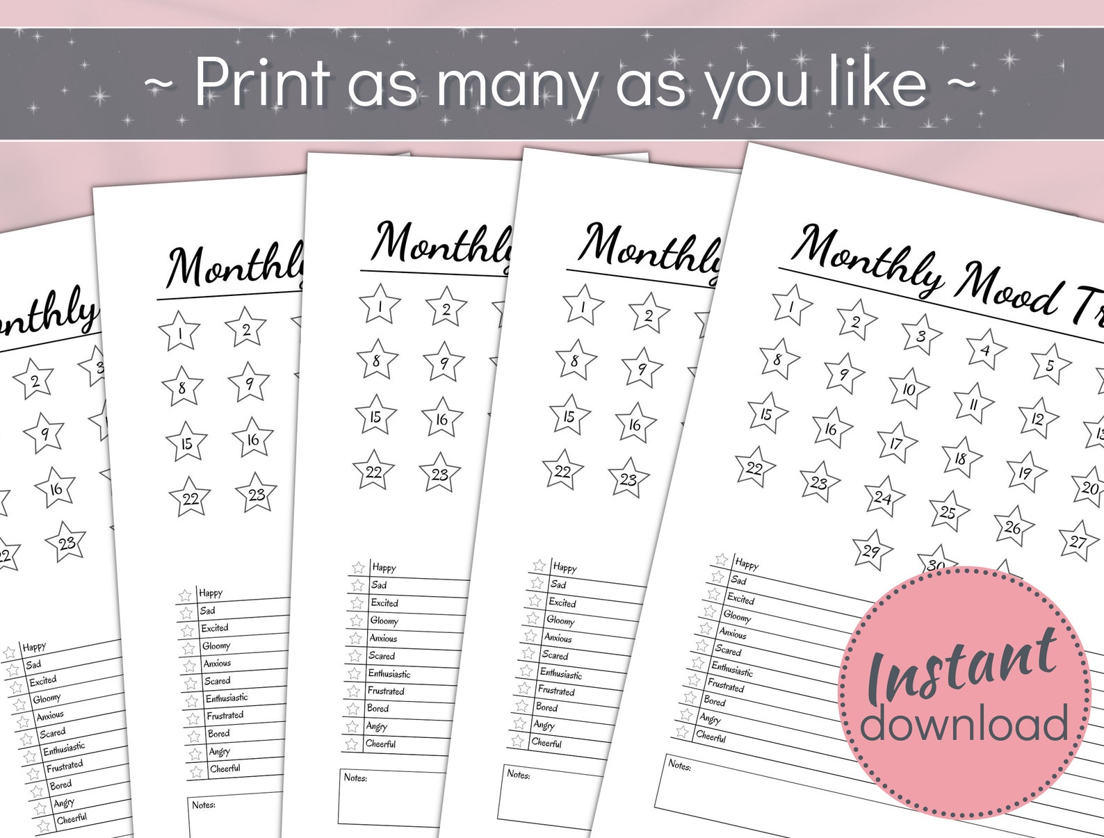 Monthly Mood Tracker Printable, Emotions Record, Wellness Journal, Self ...