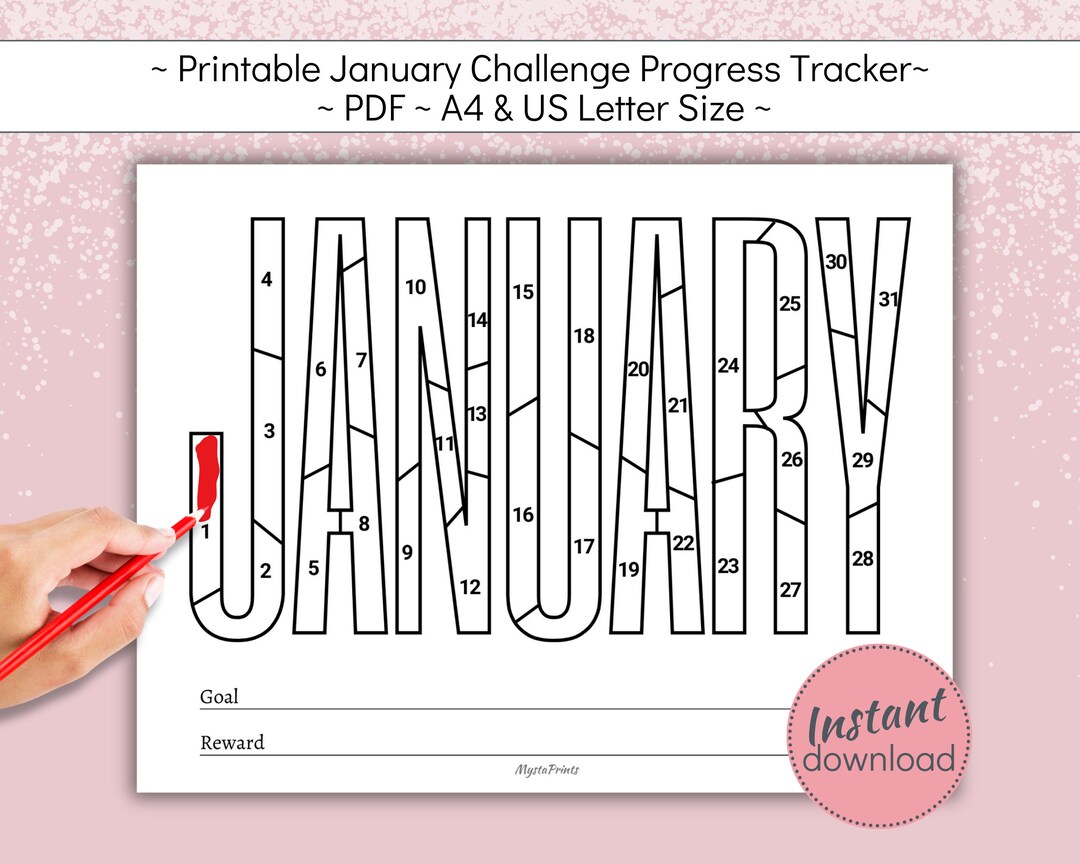 Printable Monthly Challenge Tracker for January, New Year 30 Day Goal ...