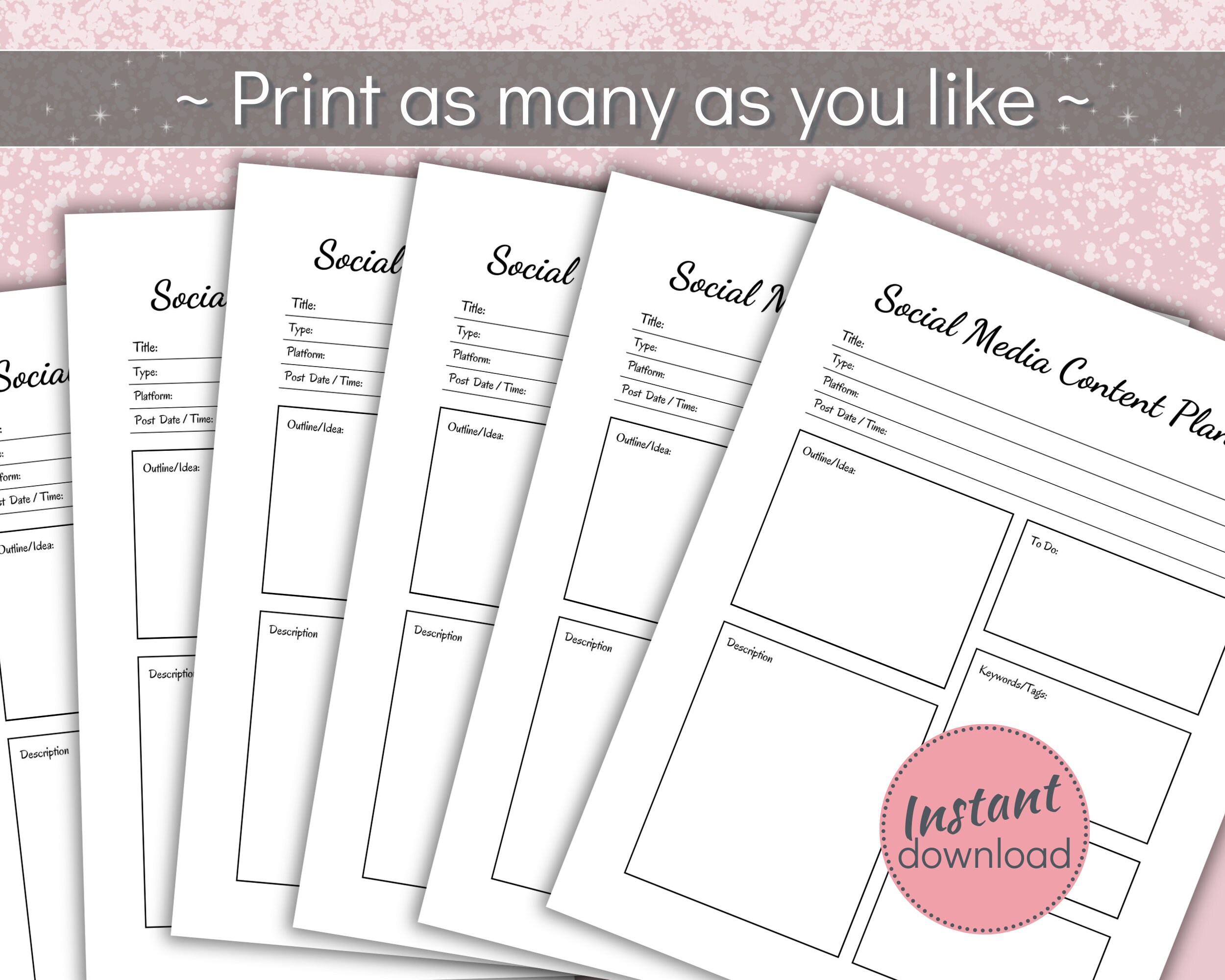 Social Media Content Planner Printable, Youtube, Tiktok, Instagram Post ...