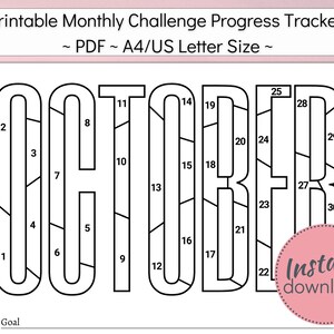 Monthly Challenge Tracker for October, 30 Day Goal Setting Coloring ...