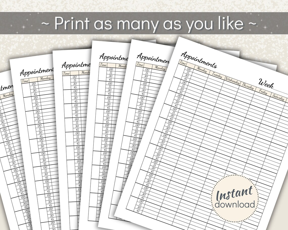 Printable Client Appointment Sheet With 15 Minute Time Slots, Weekly ...