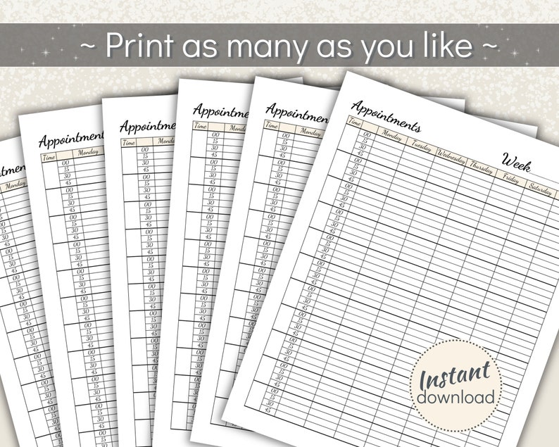 Printable Client Appointment Sheet With 15 Minute Time Slots, Weekly ...