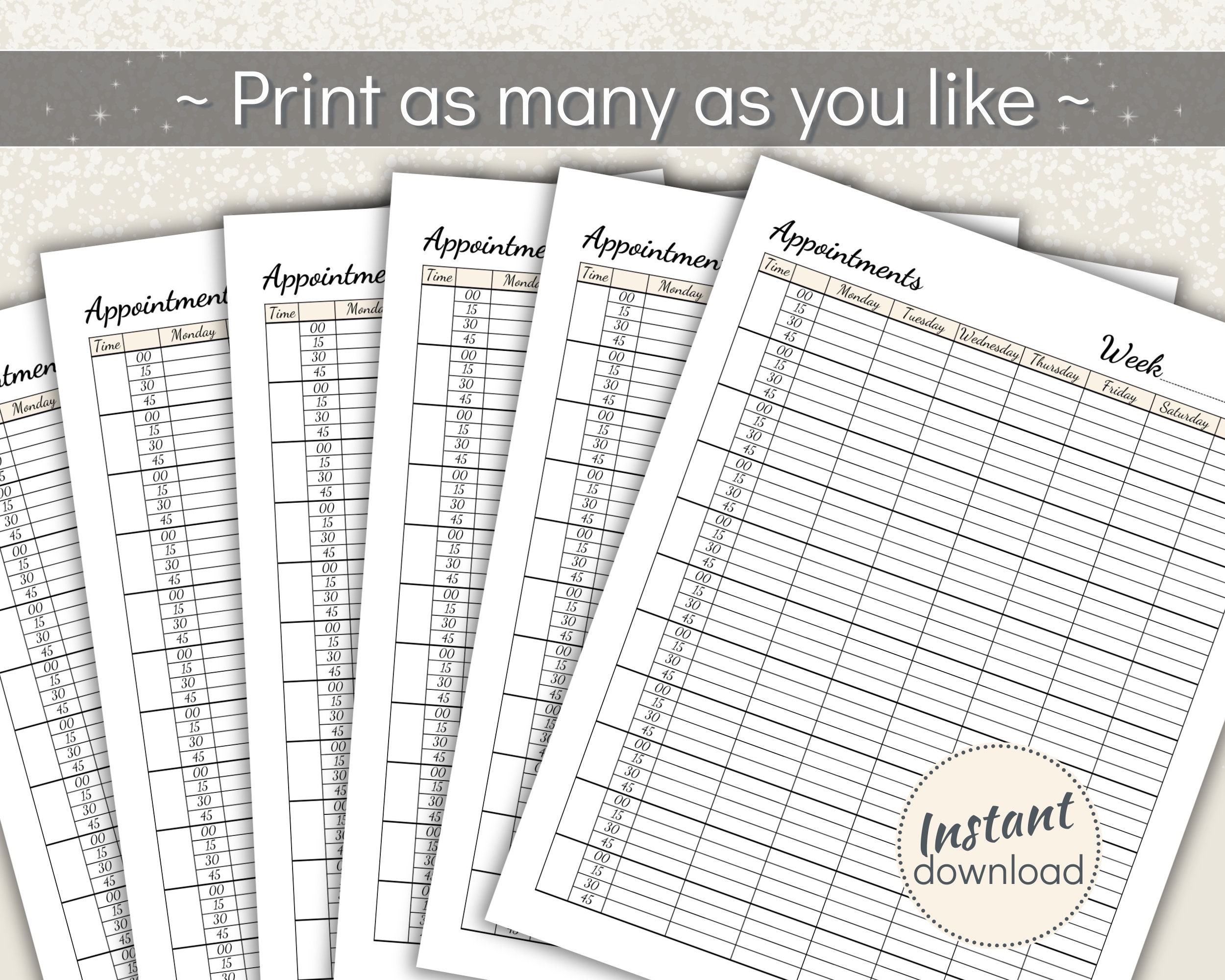 Printable Client Appointment Sheet With 15 Minute Time Slots, Weekly Meeting Planner, Customer ...