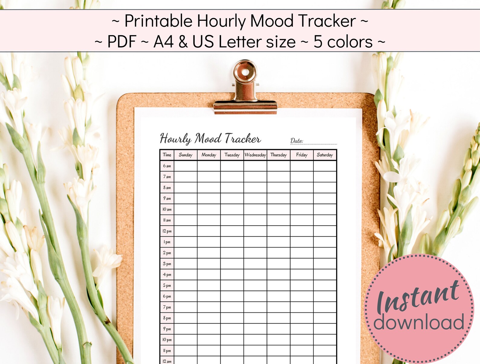 Simple Hourly Mood Tracker Printable, Weekly Emotions Record, Wellness ...