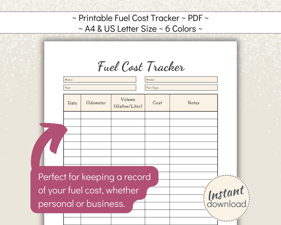 Printable Fuel Cost Tracker, Driving Expense Logbook, Gas Price Log ...