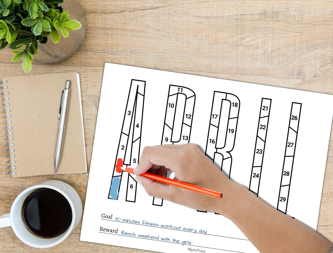 Printable April Challenge, 30 Day Goal Setting Action Plan Coloring ...