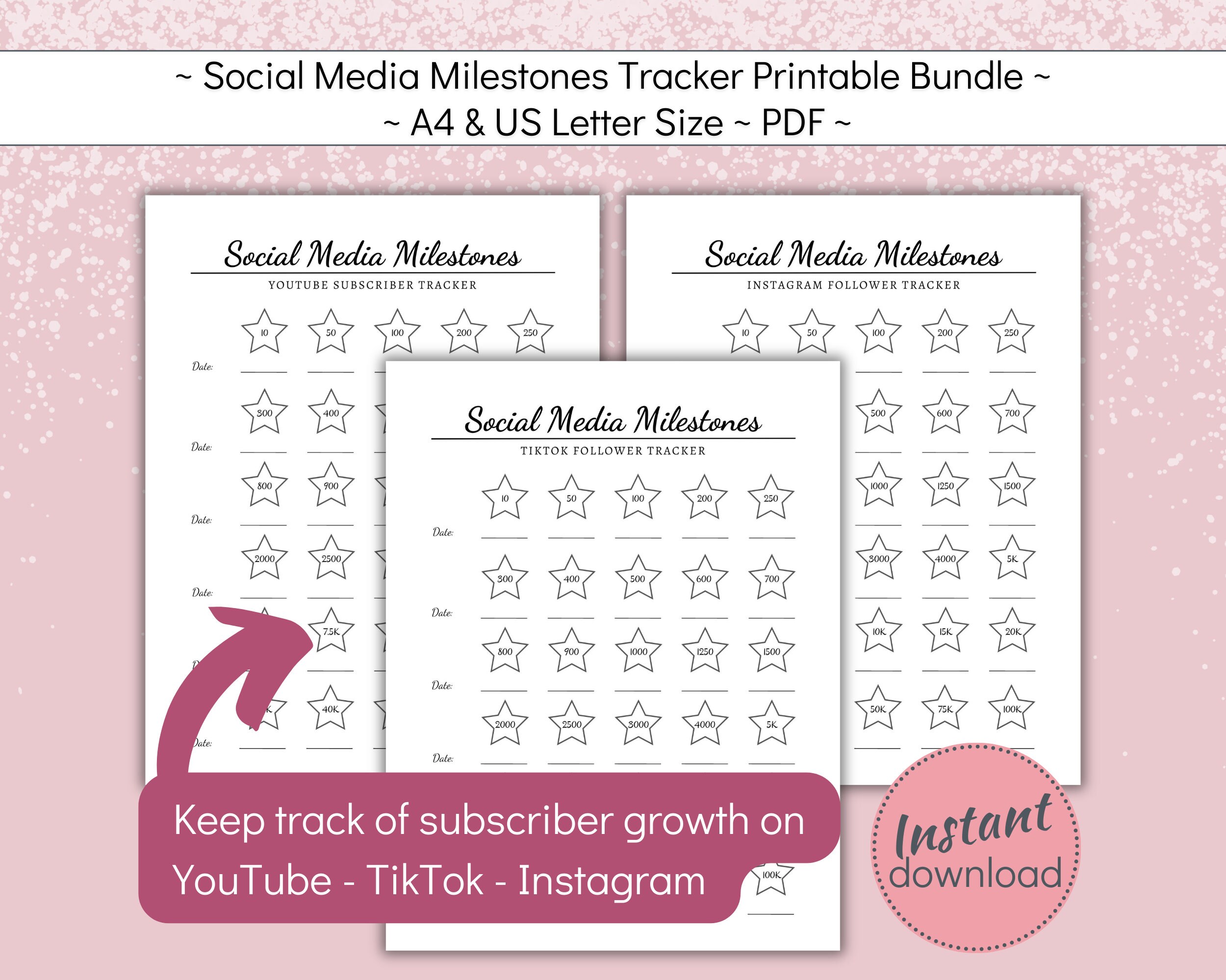 Social Media Milestones Tracker Printable, Youtube, Tiktok, Instagram ...