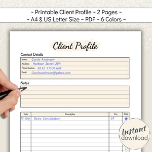 Printable Client Profile, Customer Information Sheet for Hair and ...