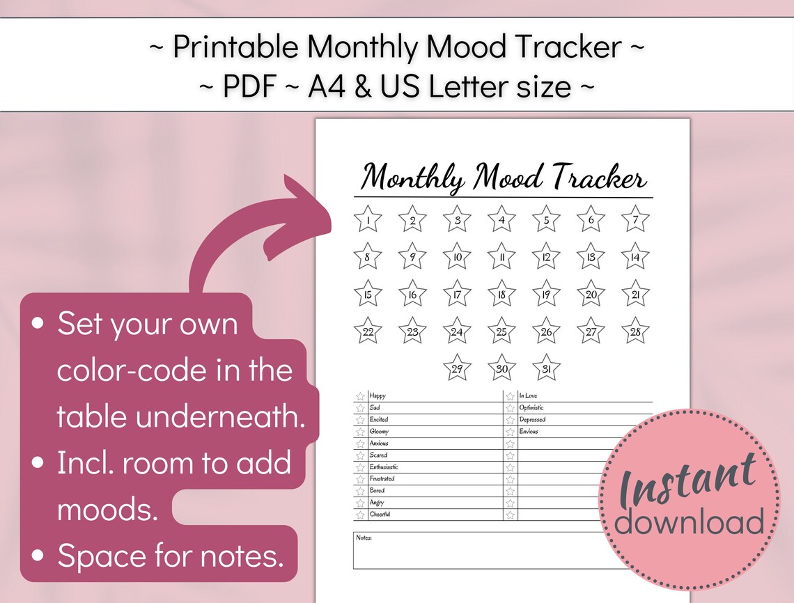 Monthly Mood Tracker Printable, Emotions Record, Wellness Journal, Self ...