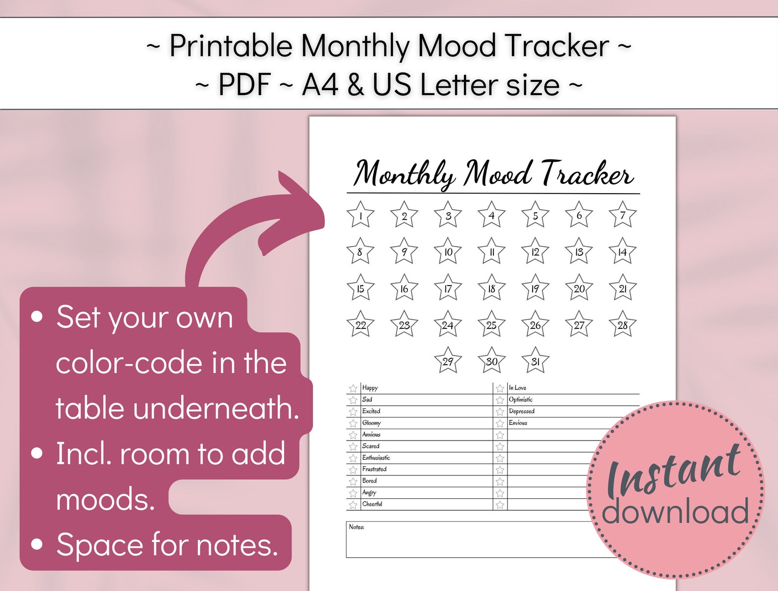 Monthly Mood Tracker Printable, Emotions Record, Wellness Journal, Self ...