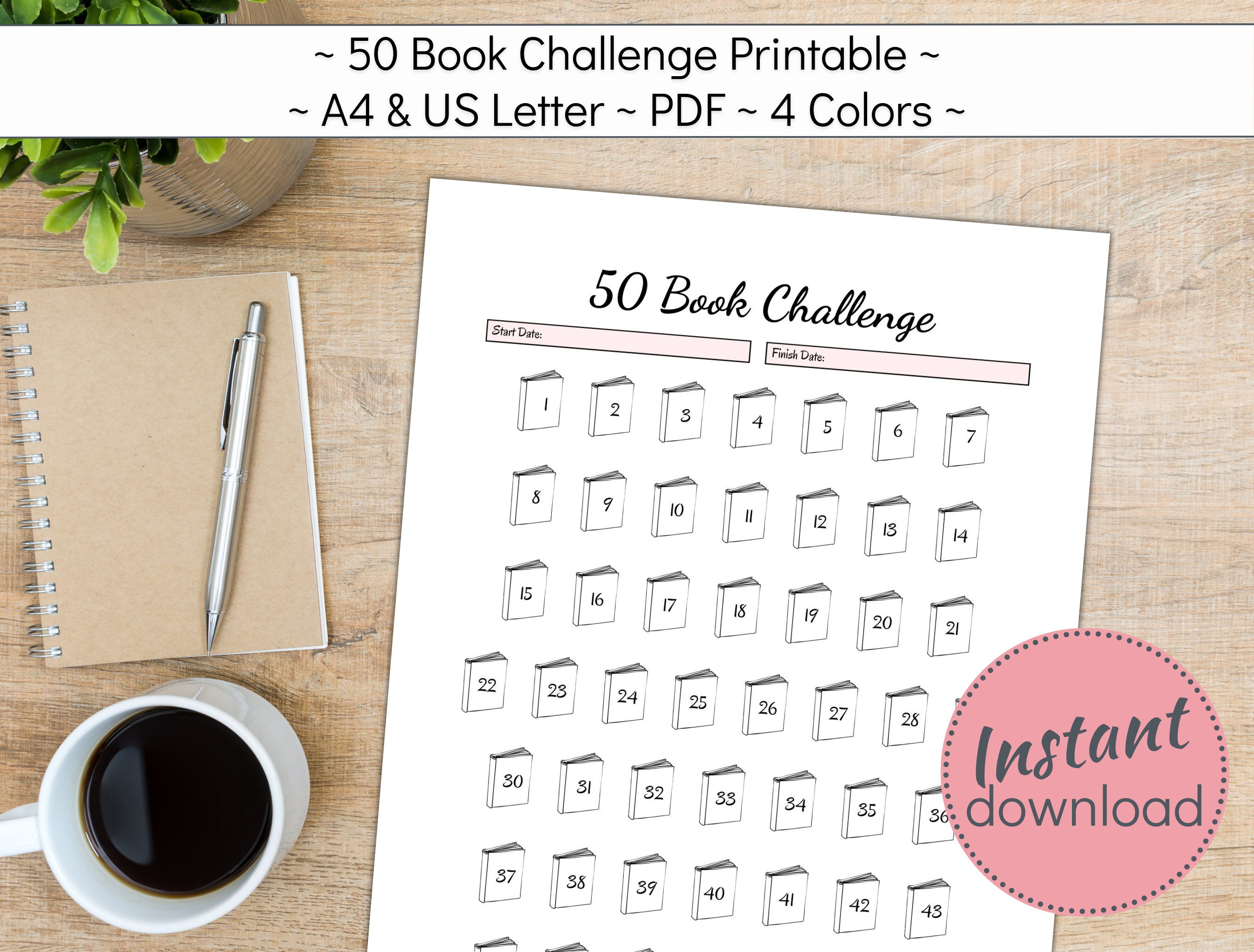 50 Book Challenge Tracker Printable, Booklover Reading Goals, Book ...