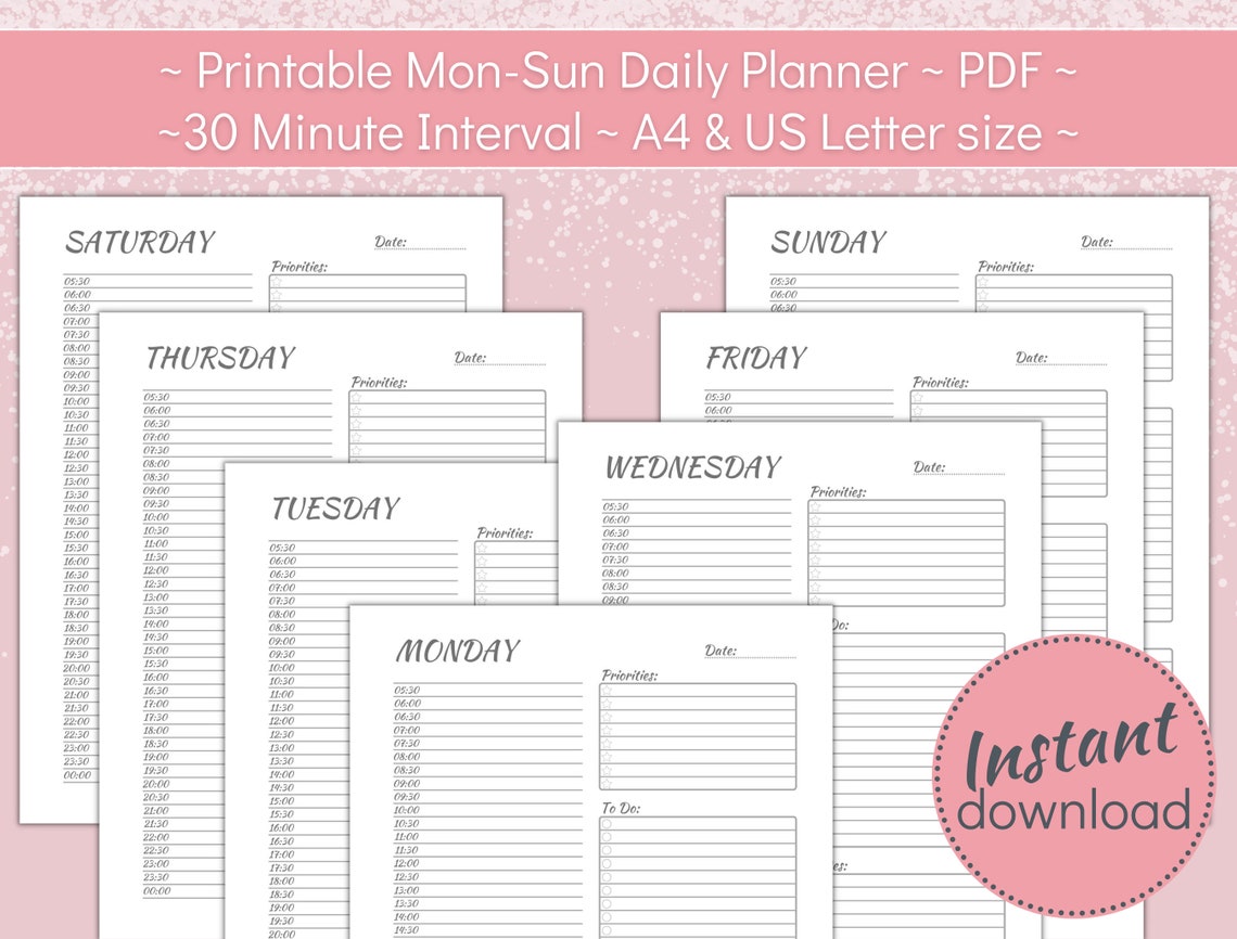 7 Day Printable Daily Planner With 30-minute Intervals Monday - Etsy