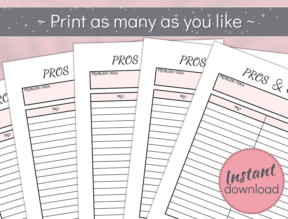 Pros and Cons List Printable: Decision Making Tool (A4, US Letter PDF ...