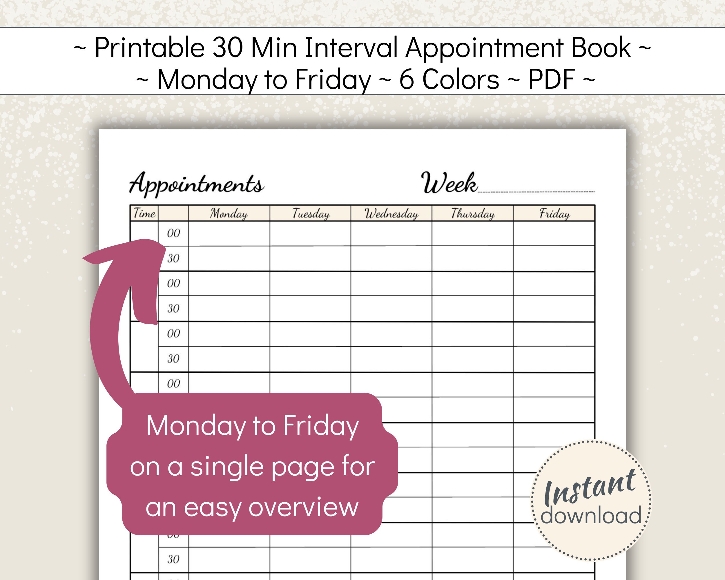Printable Appointment Book With 30 Minute Time Slots Monday to Friday ...