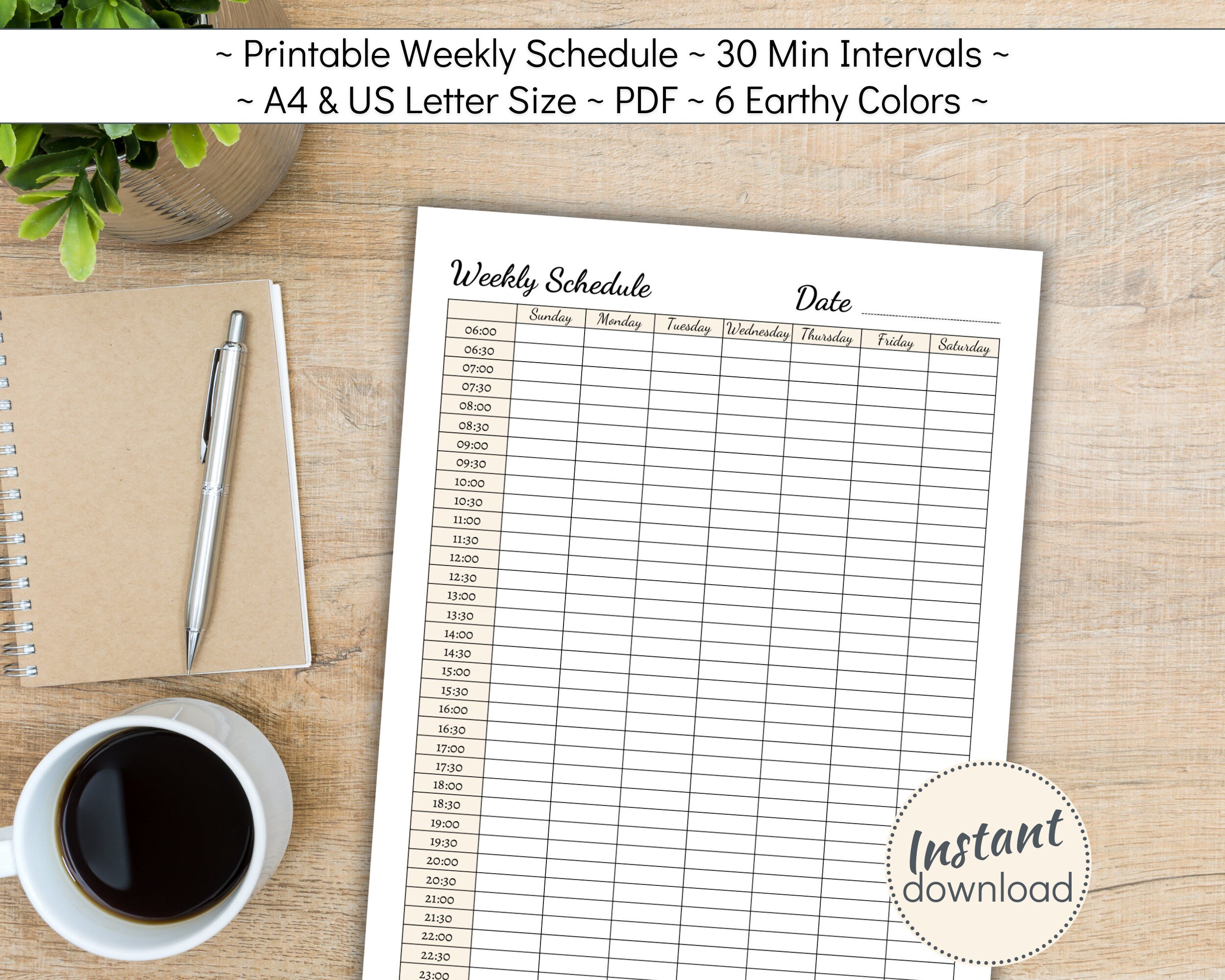 Printable Weekly to Do List With 30 Minute Intervals, Half Hour Week ...