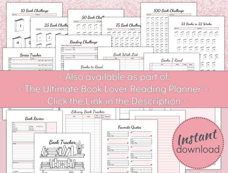 Book Challenge Tracker Printable Bundle, Booklover Reading Log, 10 - 25 ...