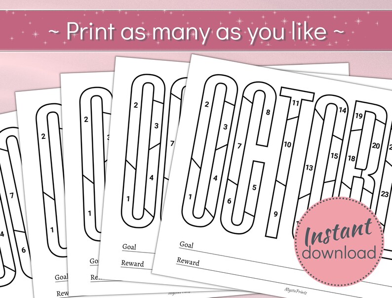 Monthly Challenge Tracker for October, 30 Day Goal Setting Coloring ...