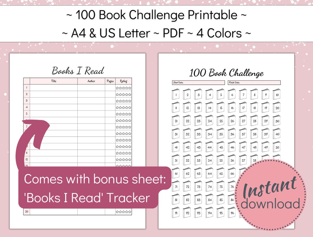 100 Book Challenge Tracker Printable, Booklover Reading Goals, Book ...