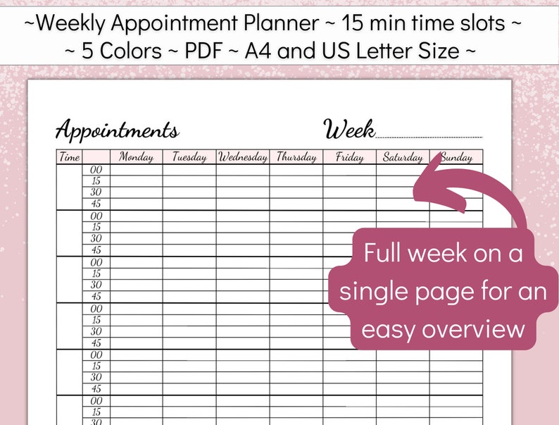 Printable Appointment Book With 15 Minute Time Slots Weekly - Etsy
