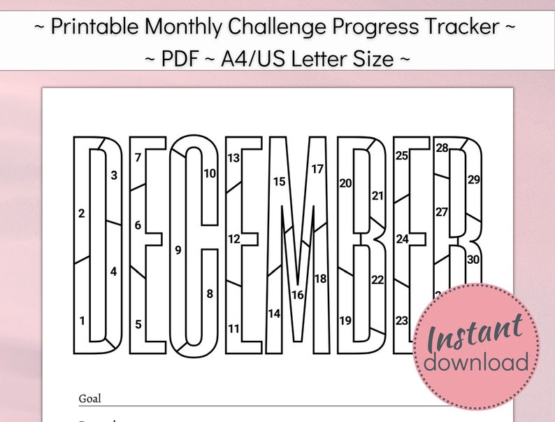 Printable December Challenge Tracker, 30 Day Goal Setting Coloring Page ...