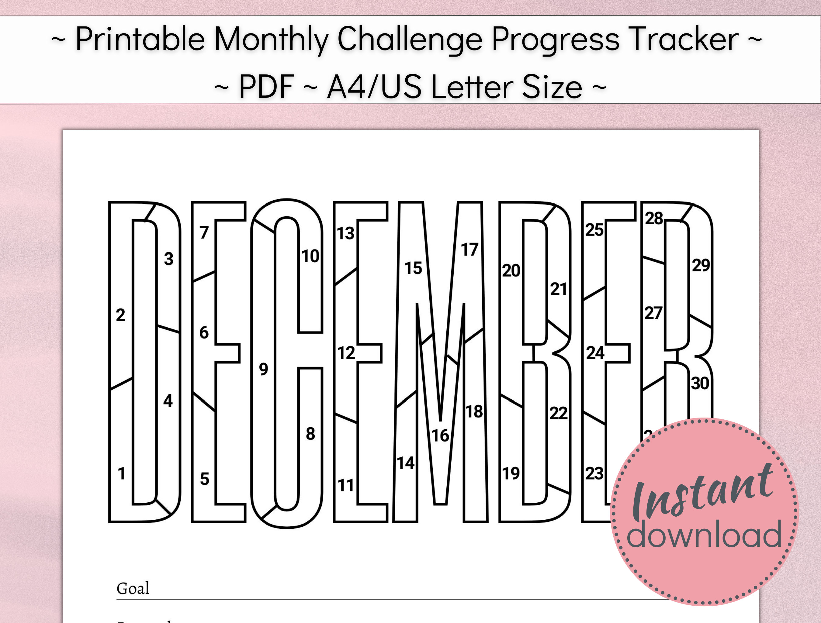 Printable December Challenge Tracker, 30 Day Goal Setting Coloring Page ...