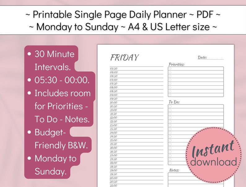 7 Day Printable Daily Planner With 30-minute Intervals, Monday to ...