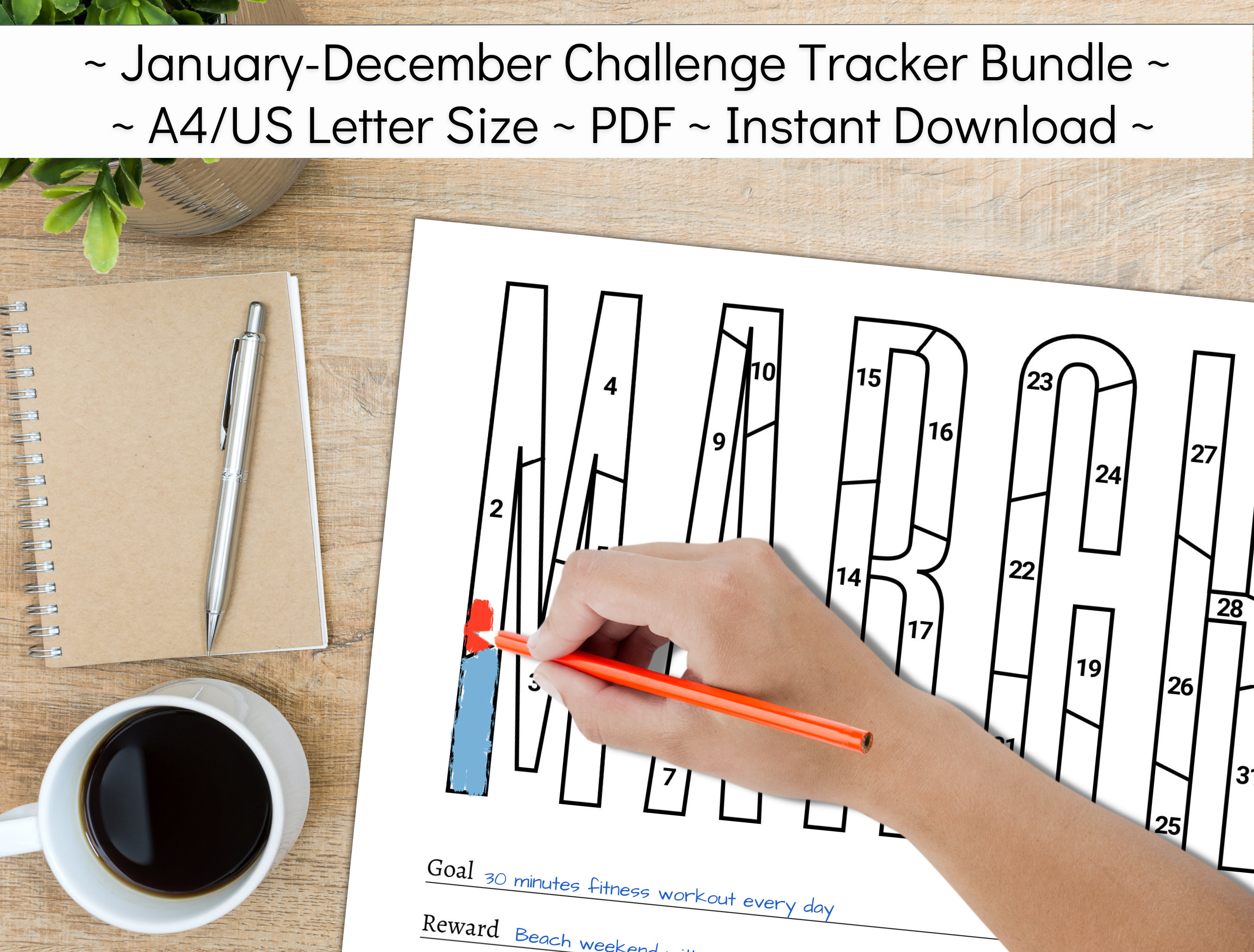 30 Day Challenge Printable Bundle, Goal Setting Coloring Pages, Full ...