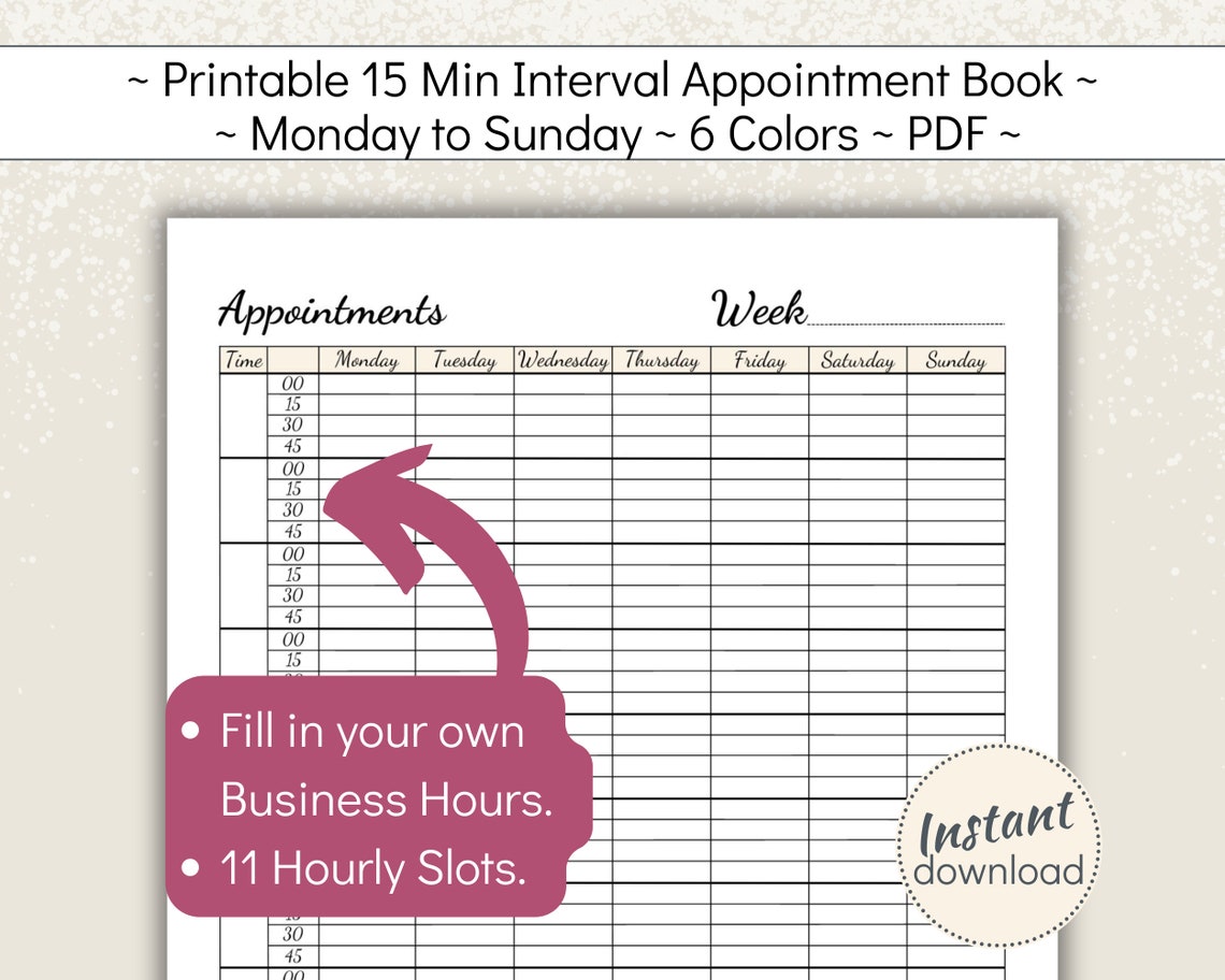 Printable Client Appointment Sheet With 15 Minute Time Slots, Weekly ...