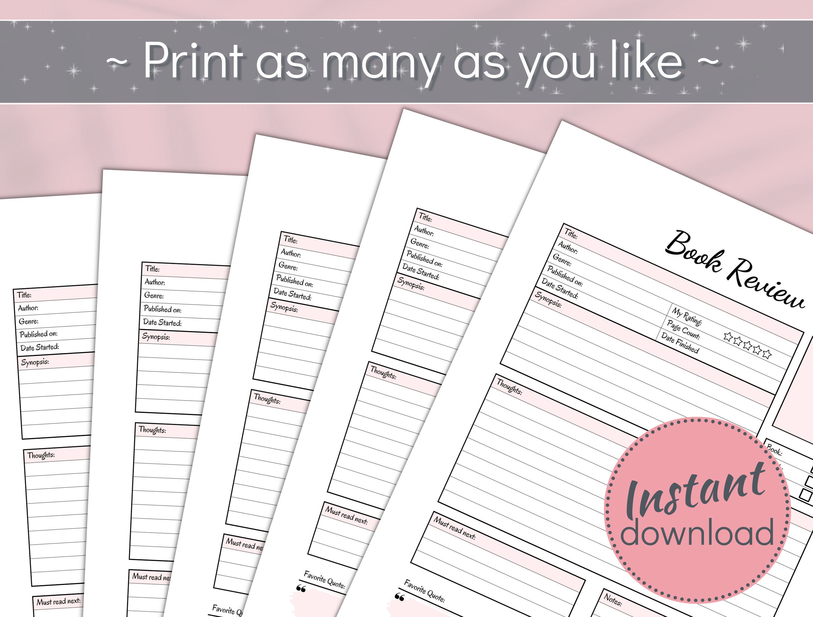 Book Review Journal Printable Bundle, Book Lover Reading Log, Challenge ...