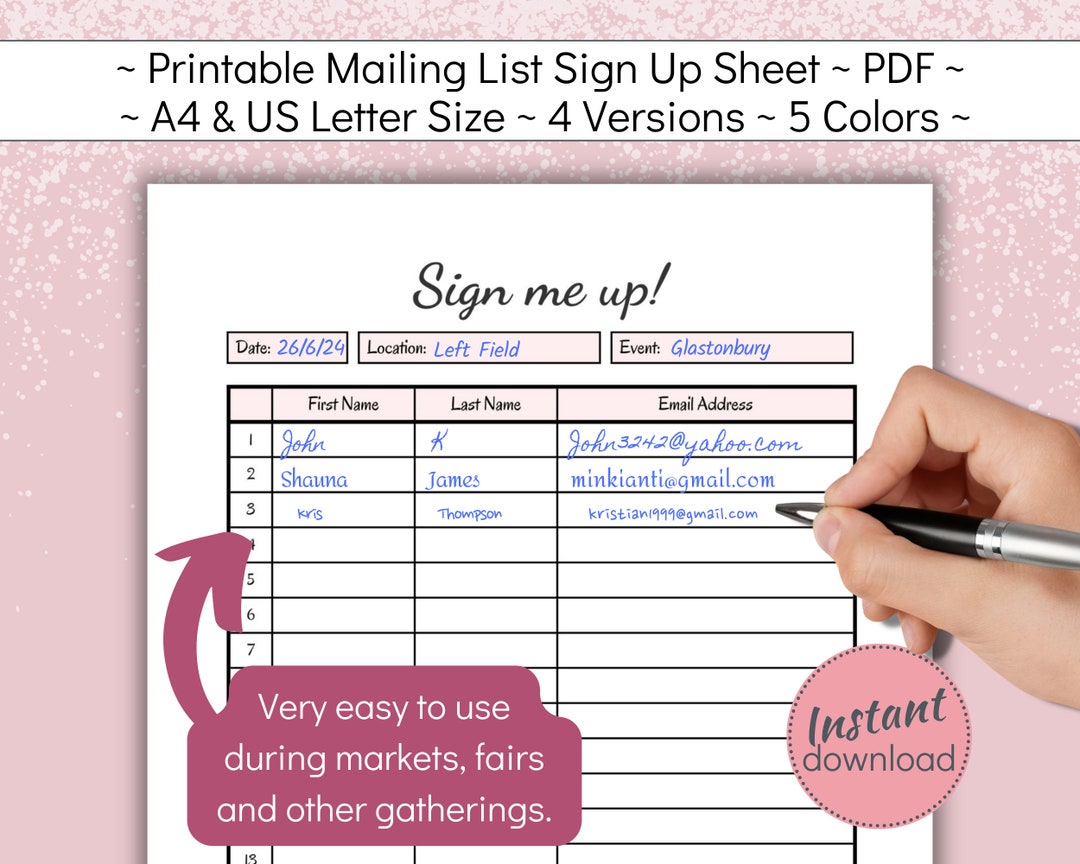 Mailing List Sign up Sheet Printable, Customer Contact Details Log ...