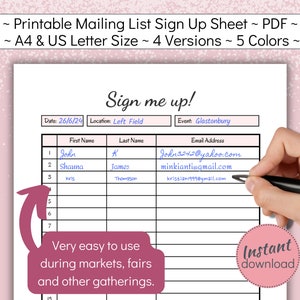 Mailing List Sign up Sheet Printable, Customer Contact Details Log ...