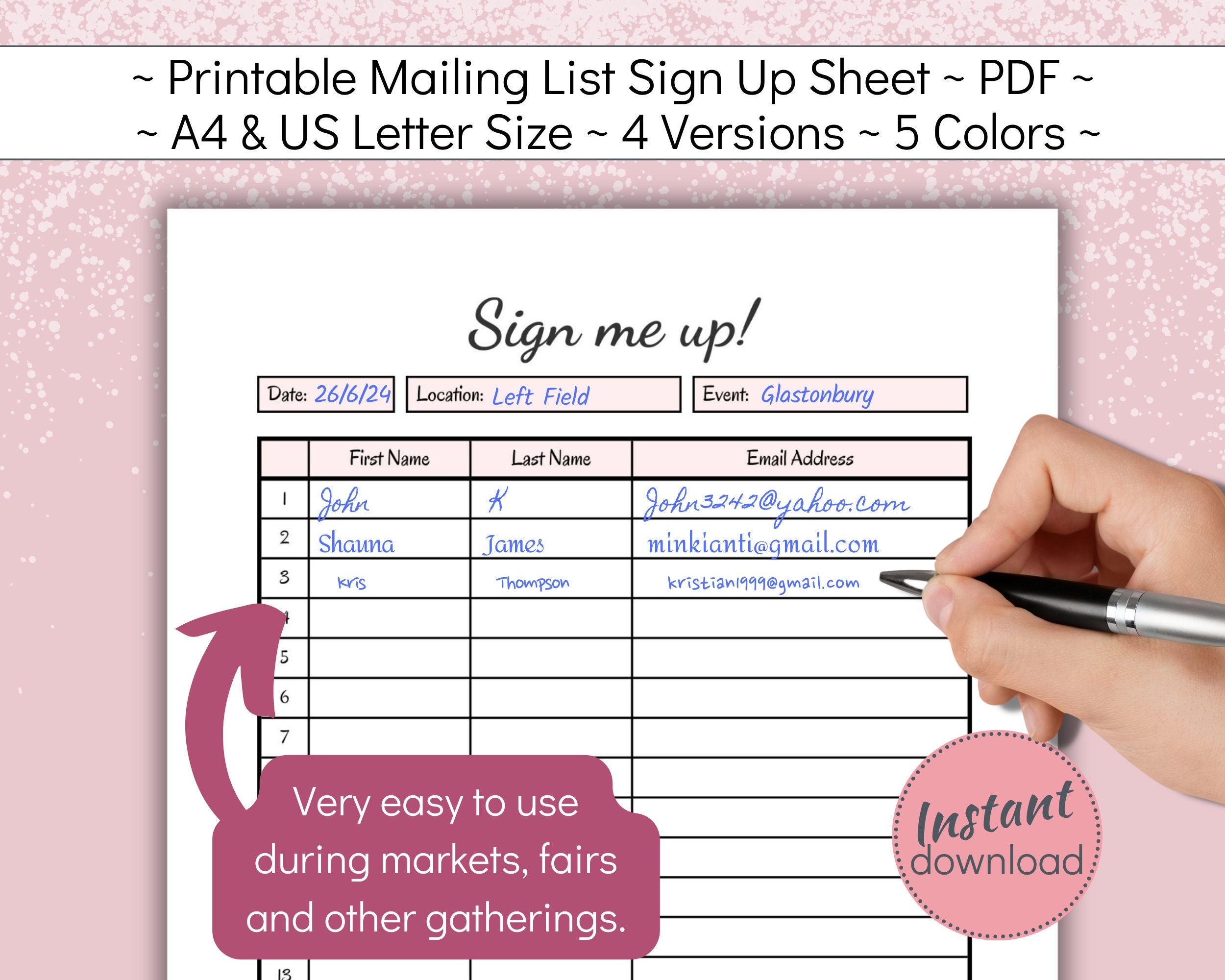 Mailing List Sign up Sheet Printable, Customer Contact Details Log ...