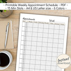 Printable Client Appointment Sheet With 15 Minute Time Slots, Weekly ...