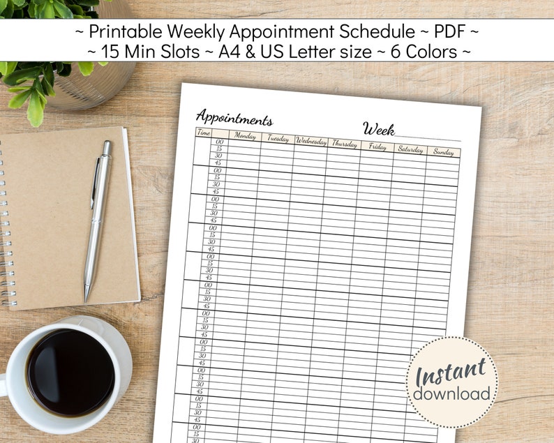 Printable Client Appointment Sheet With 15 Minute Time Slots, Weekly ...