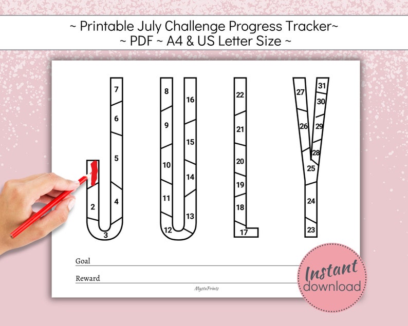30 Day July Challenge Progress Tracker Printable, Summer Goal Setting ...