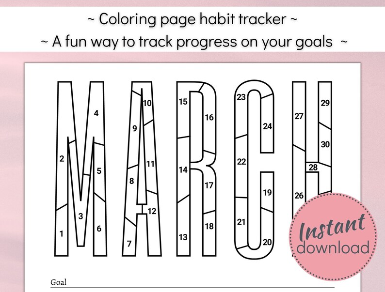 30 Day March Challenge Printable Habit Tracker Coloring Page, Goal ...