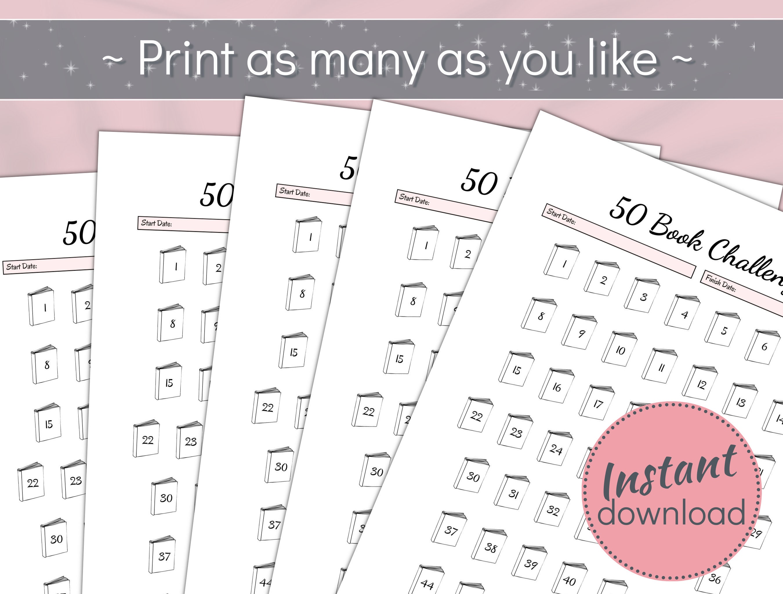 50 Book Challenge Tracker Printable, Booklover Reading Goals, Book ...
