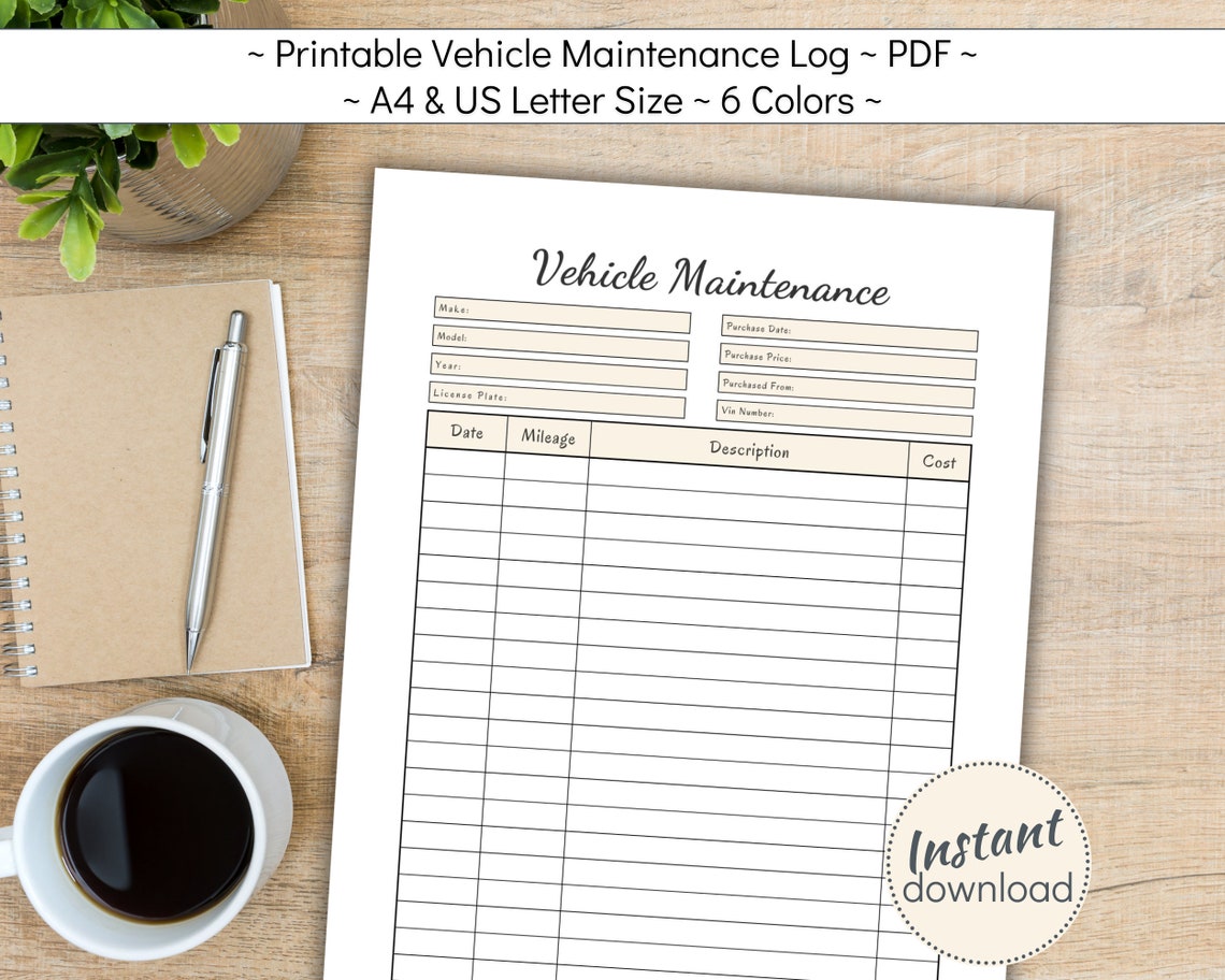 Printable Vehicle Maintenance Log Book: A4 & US Letter (PDF) - Etsy