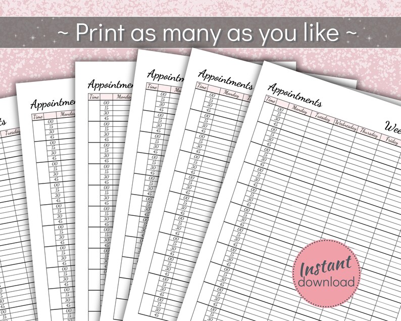 Printable Appointment Book With 15 Minute Time Slots, Weekly Client ...