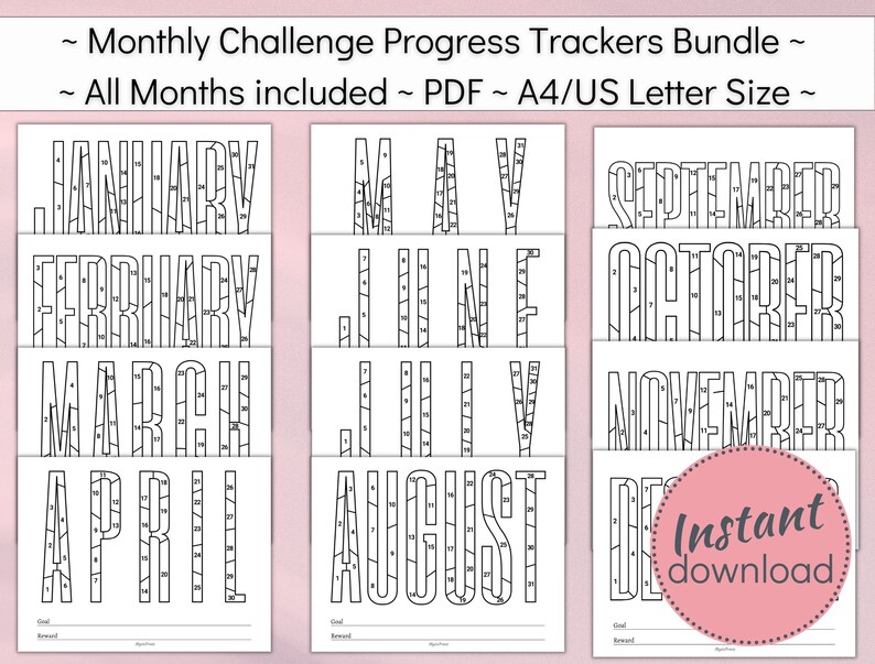 30 Day Challenge Printable Bundle, Goal Setting Coloring Pages, Full ...